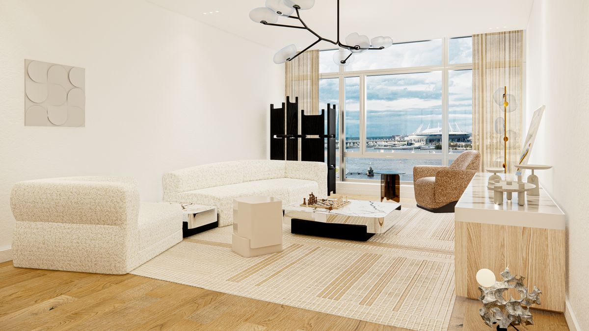 Modern Natural House Tour in NY | 2 River Terrace 15T | Living Room ...